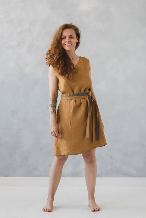 Linen Dress with Tie Belt for Women - effortless and chic